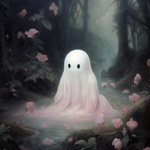 Cute Ghost in Forest Print | Vintage Oil Painting | Cottagecore Artwork ...