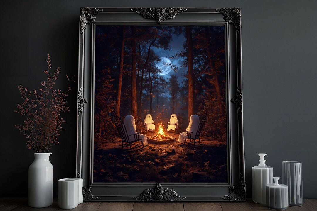 Cute Ghosts Camping in a Dark Forest Print, Spooky Halloween Decor ...