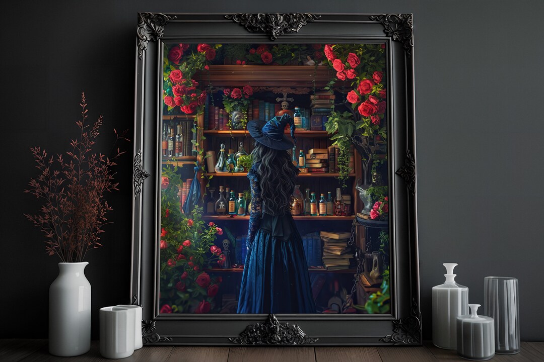 Witch Bookshelf Artwork Cottagecore Art Print Botanical Print Gothic ...