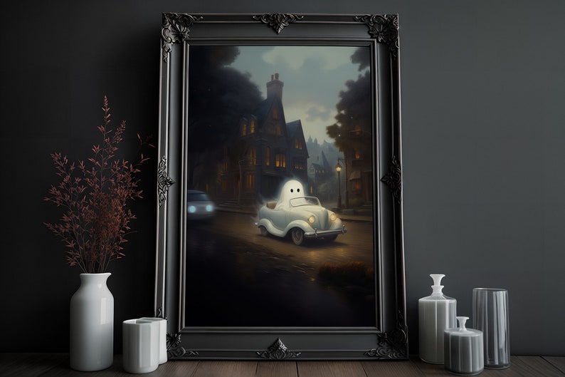 Cute Ghost Riding a Car Print | Vintage Oil Painting | Cottagecore ...