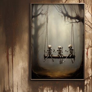 Skeletons on Swing Print, Vintage Oil Painting, Horror Lover Gift, Dark ...