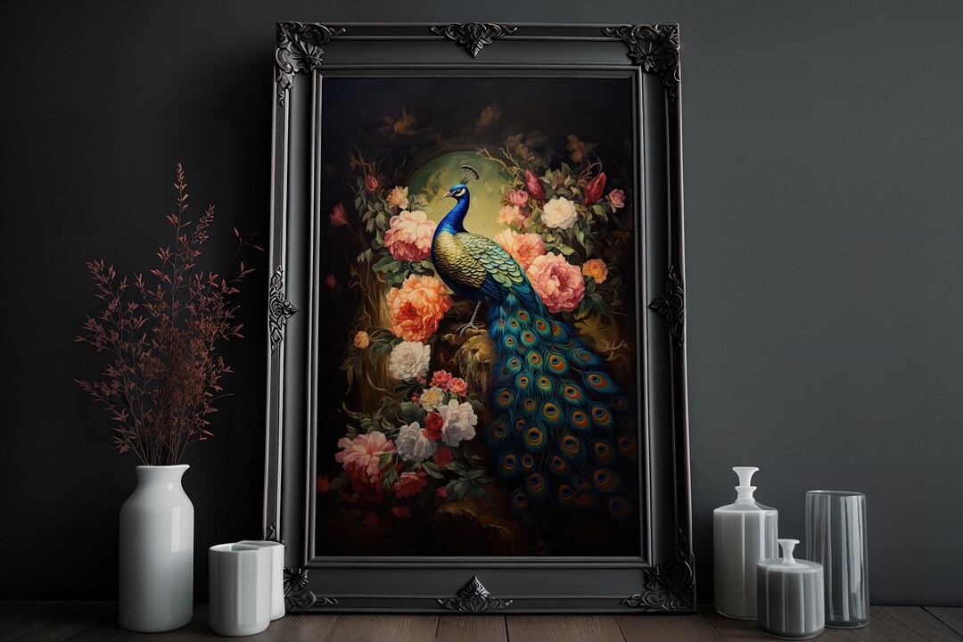 Peacock Printable | Dark Cottagecore Wall Art | Floral Printable | Oil ...