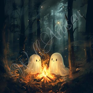 Cute Ghost Print | Cute Ghosts Camping | Vintage Oil Painting ...
