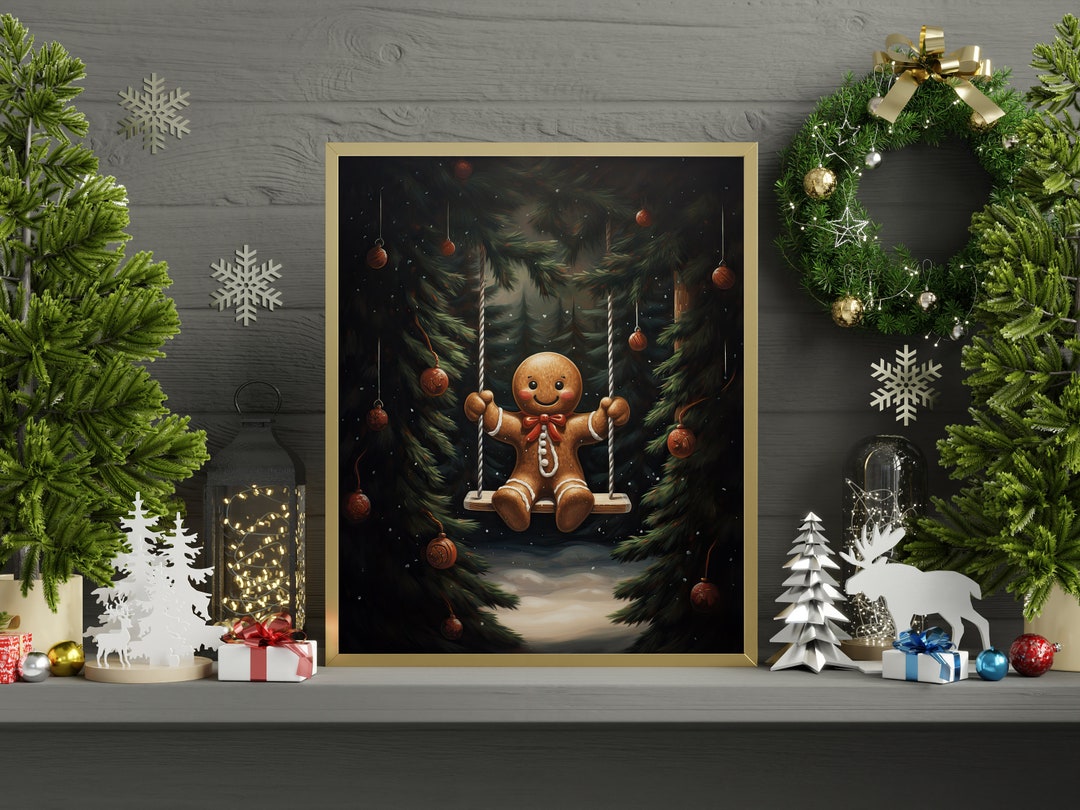 Gingerbread Man on Swing Print | Festive Holiday Decor | Christmas Wall ...