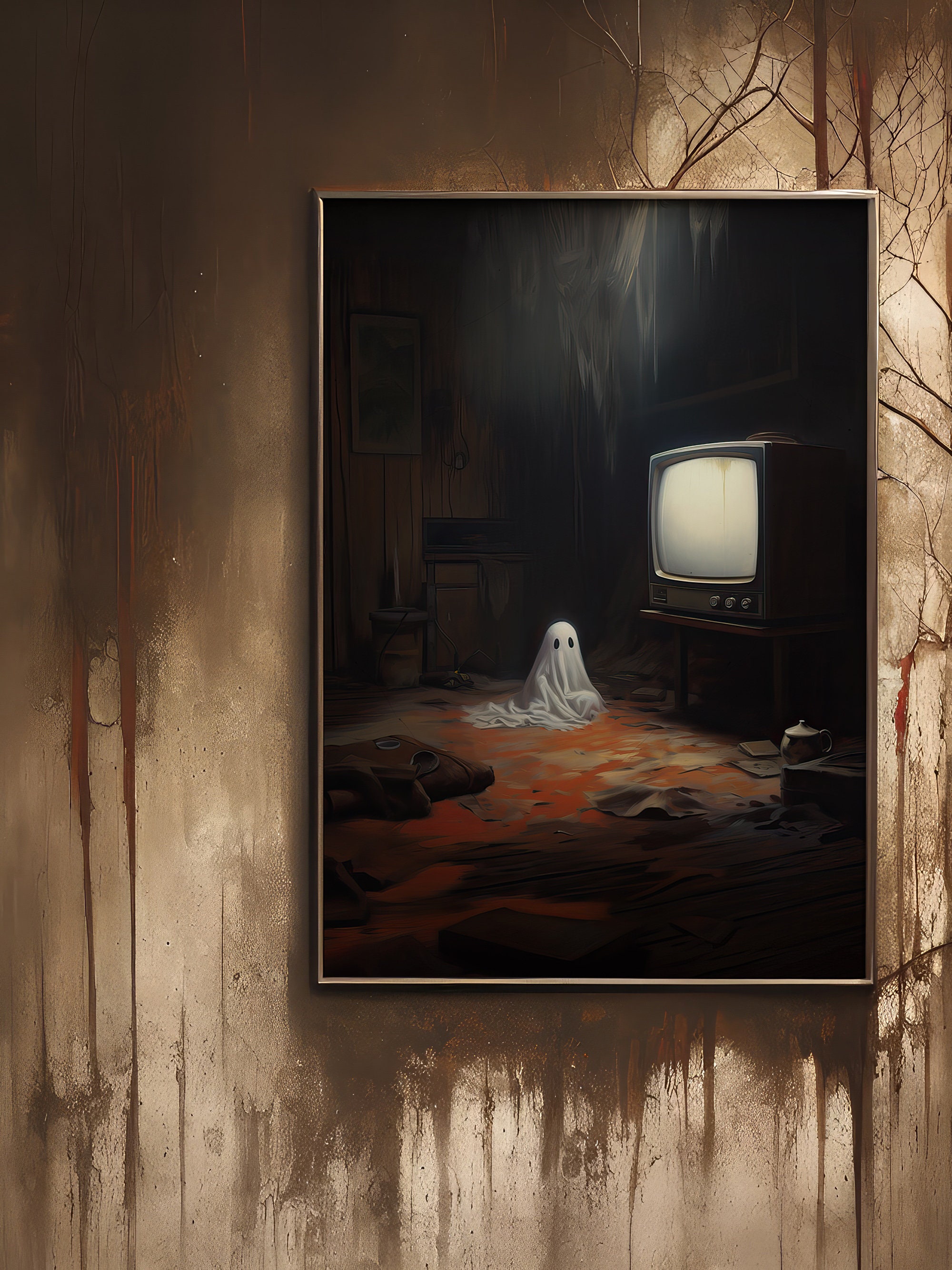 Cute Ghost Watching TV Print Gothic Art Vintage Oil Poster - Etsy