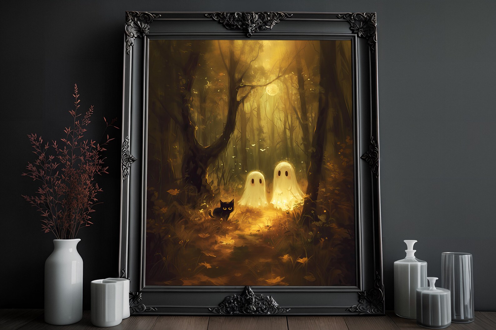 Cute Ghosts With Cat in Forest Vintage Oil Painting Cottagecore Art ...