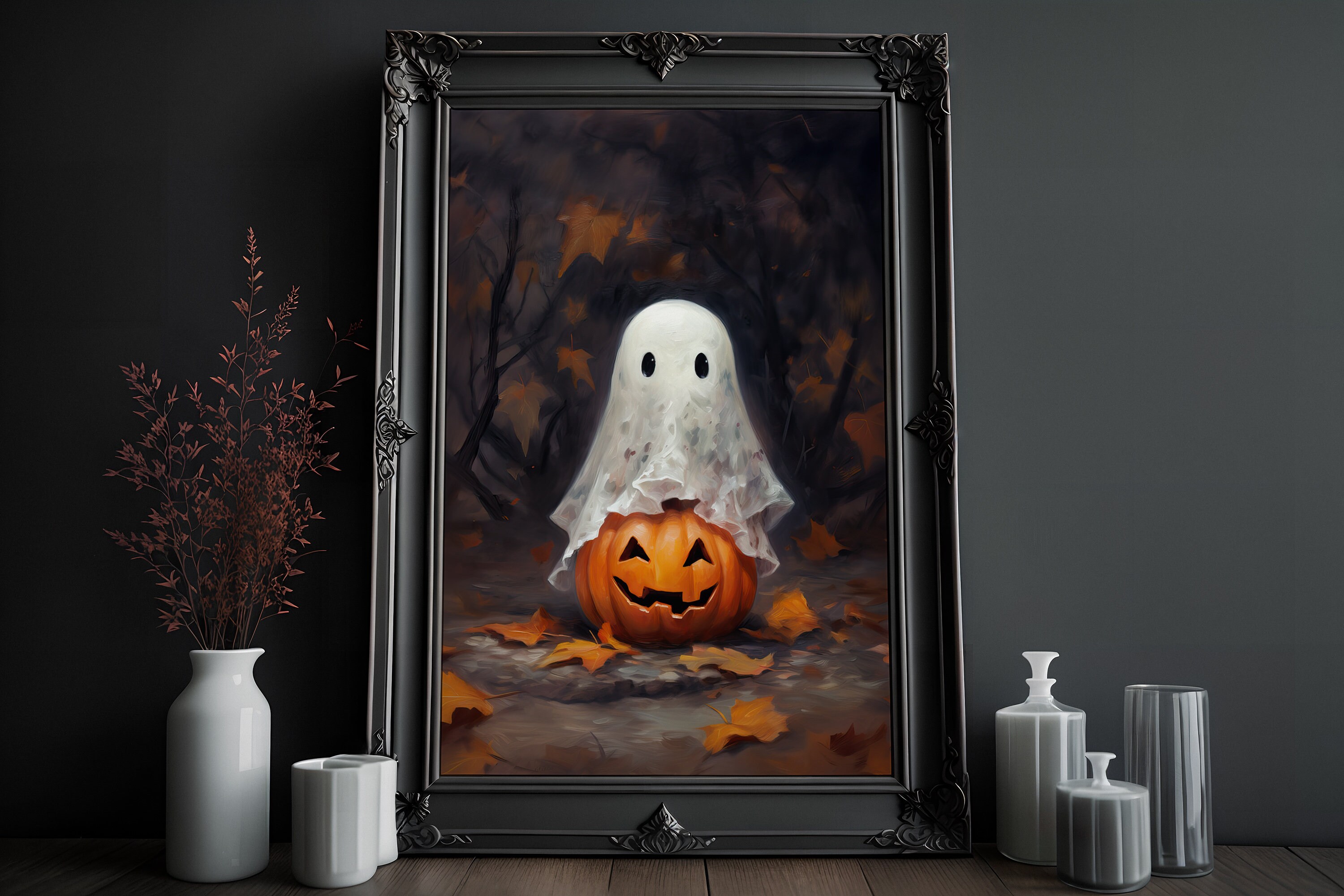 Cute Ghost on Pumpkin Print Vintage Oil Painting Cottagecore Artwork ...