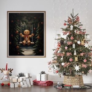 Gingerbread Man on Swing Print | Festive Holiday Decor | Christmas Wall ...