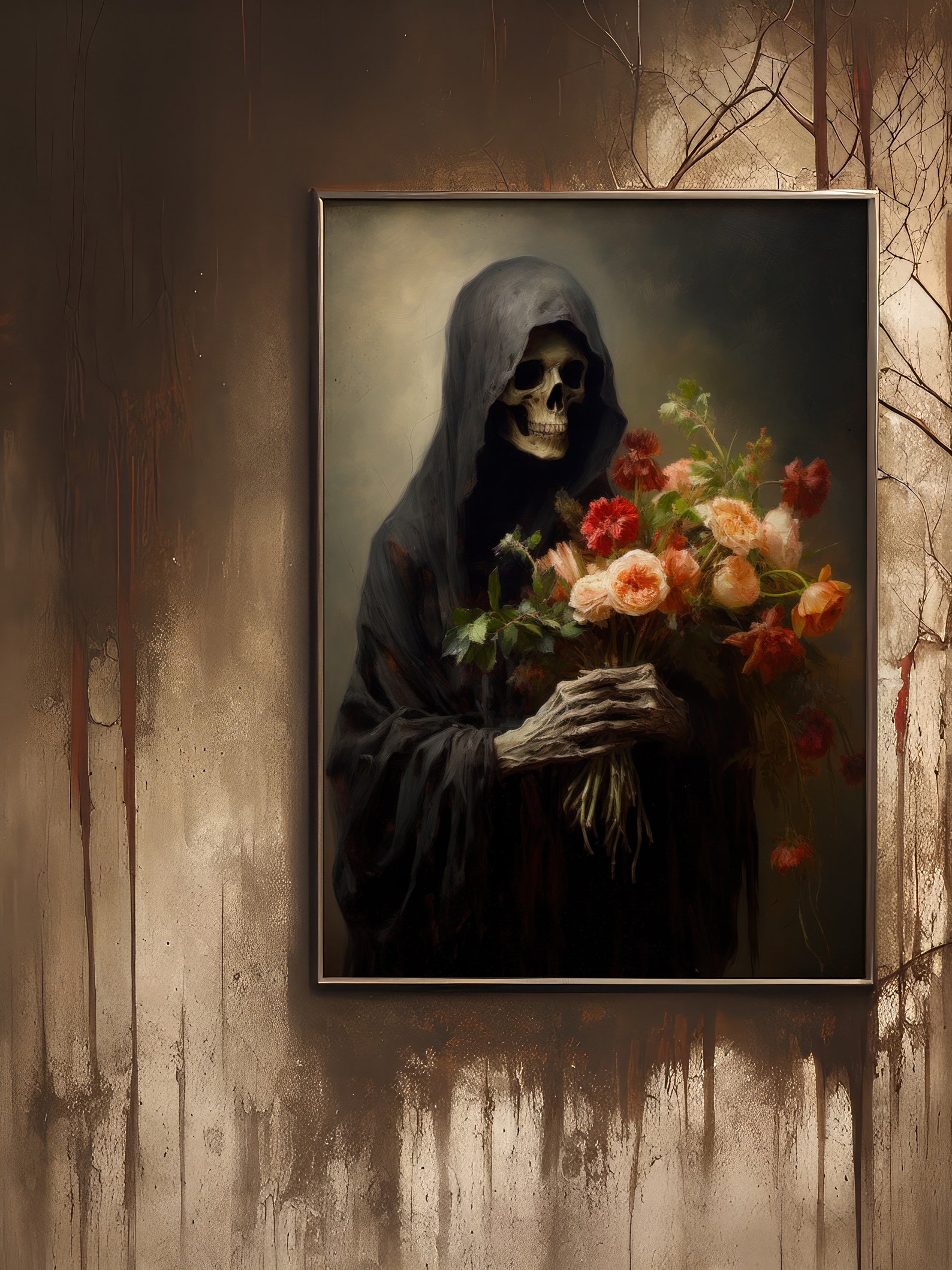 Skeleton Flower Painting Victorian Gothic Horror Art Creepy Goth Wall ...