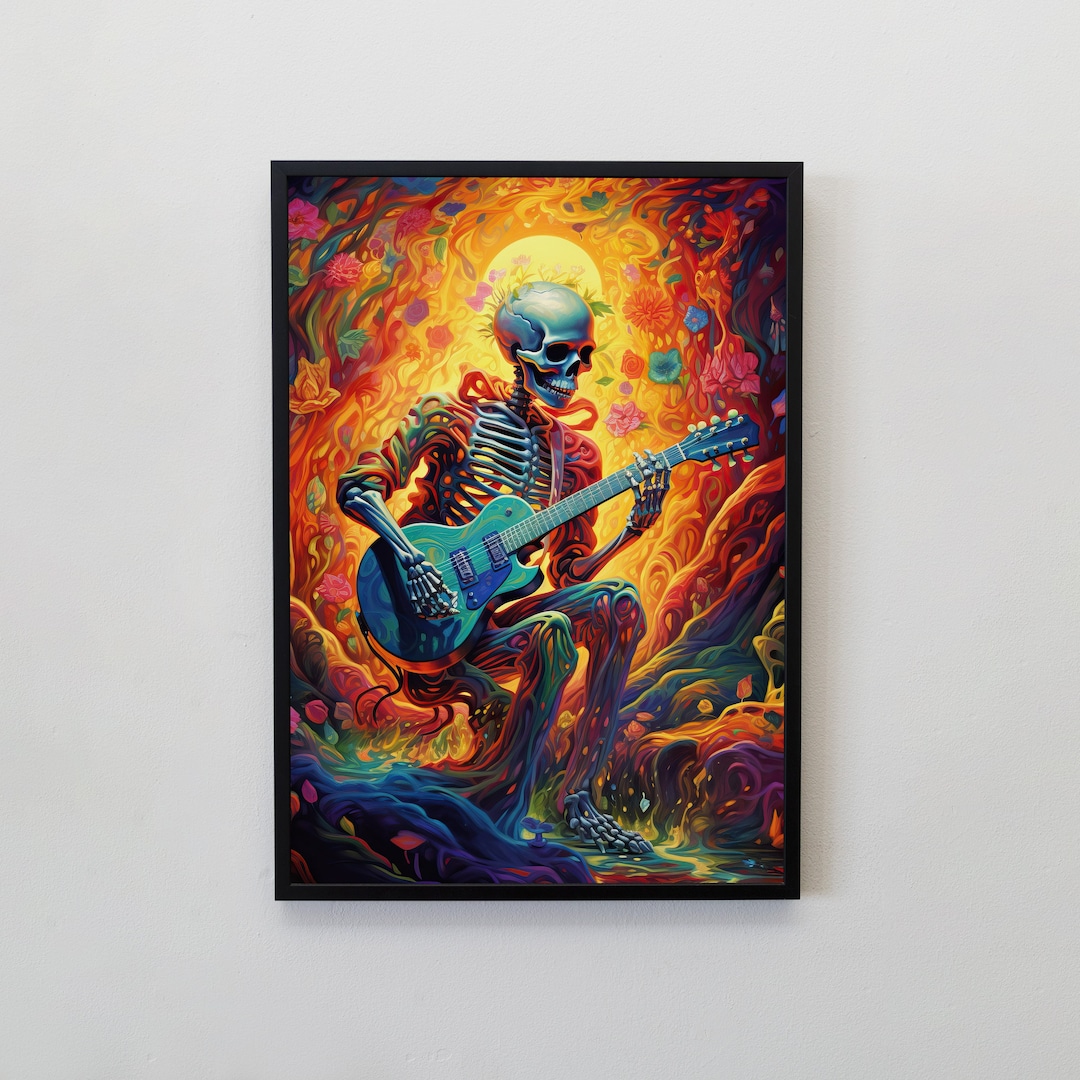 Psychedelic Skeleton Guitar Art Print: Vibrant Trippy Music Poster ...