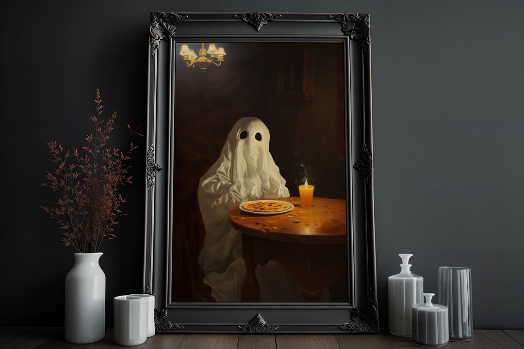 Cute Ghost Eating Pizza Print | Gothic Art | Vintage Oil Painting ...