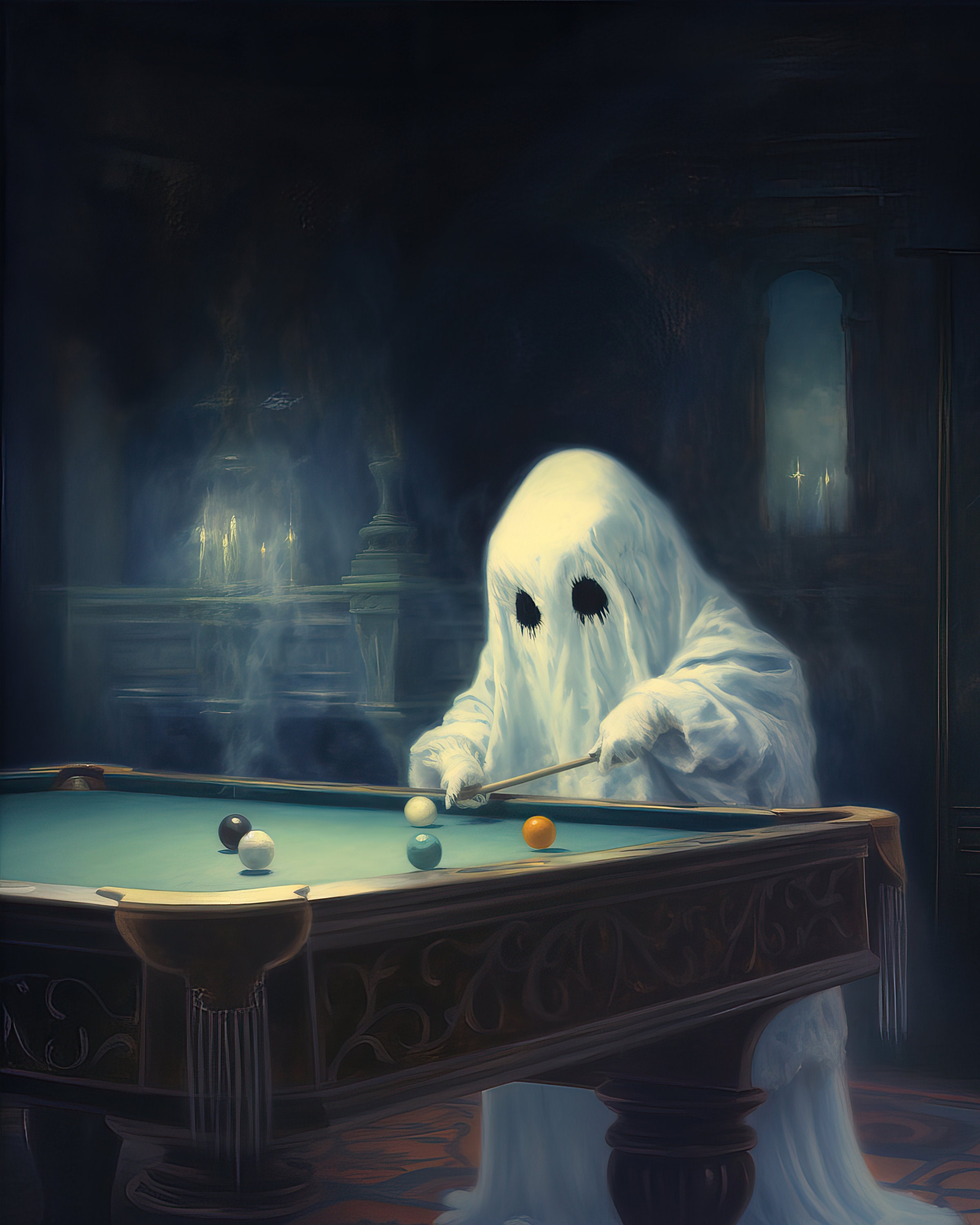 Cute Ghost Playing Pool Print Vintage Oil Painting - Etsy