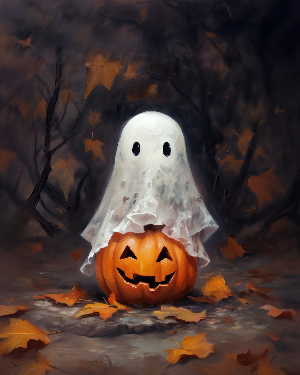 Cute Ghost on Pumpkin Print Vintage Oil Painting - Etsy