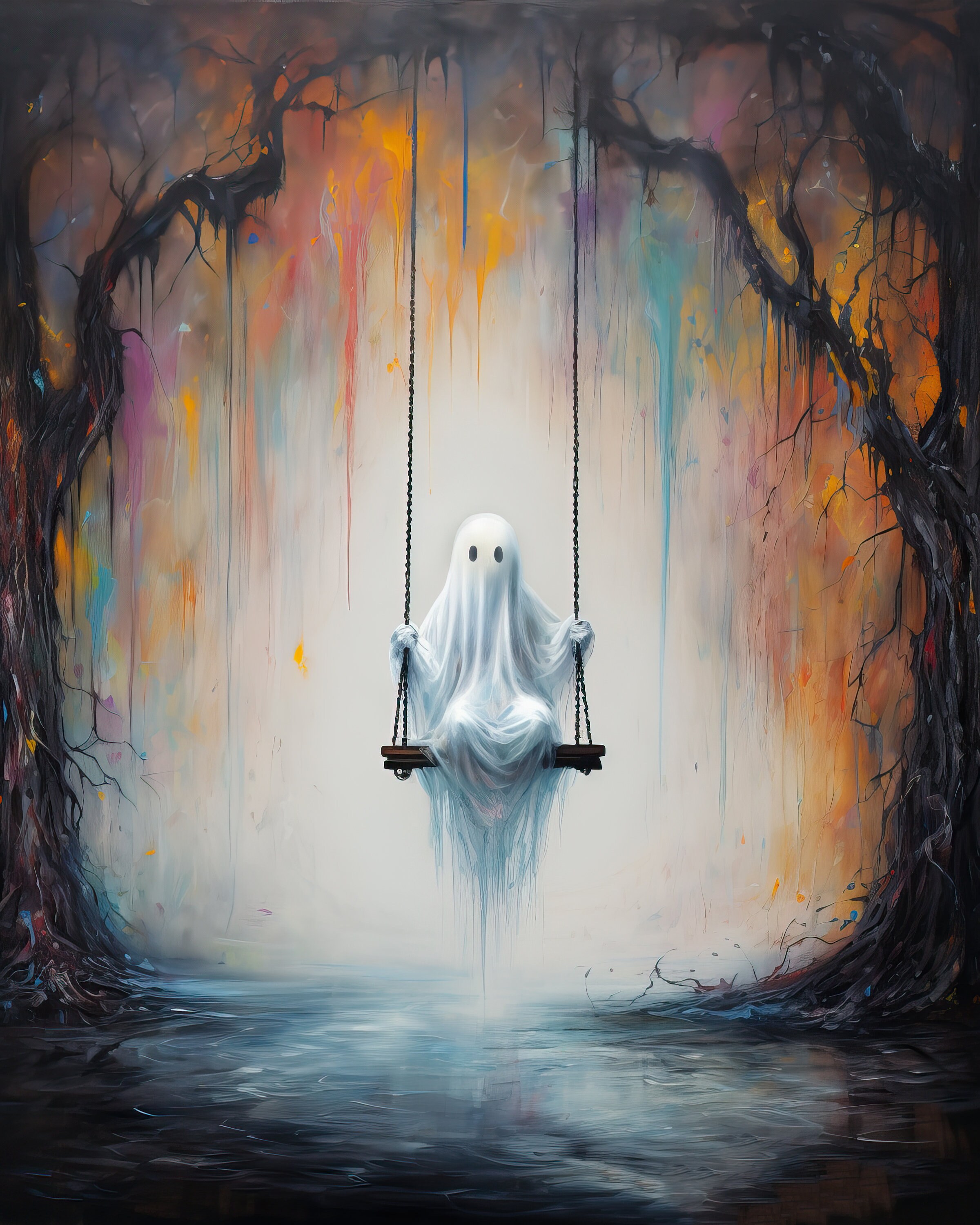 Cute Ghost On Swing Print Gothic Art Vintage Oil Poster Etsy