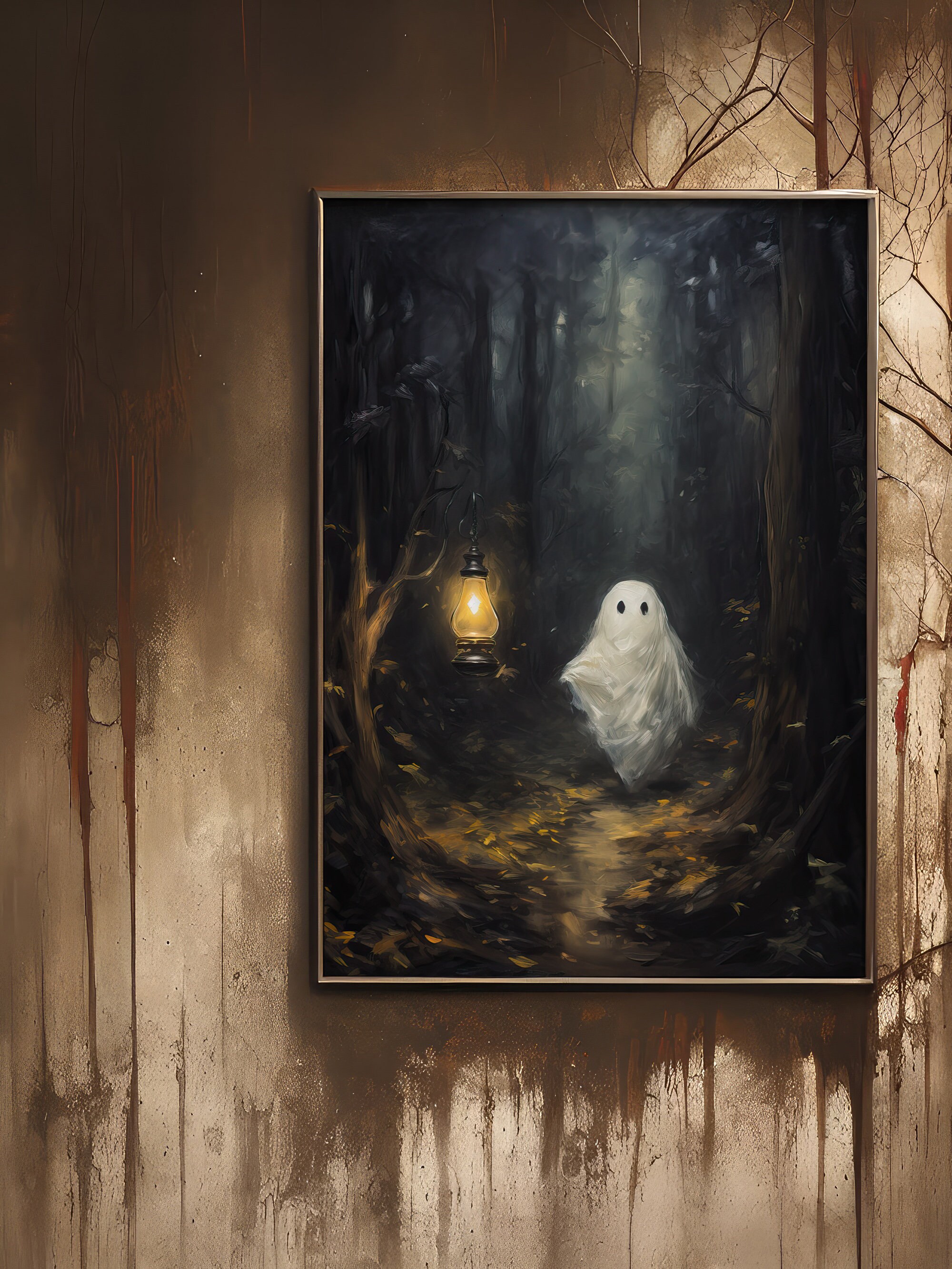 Cute Ghost in Forest Print Gothic Art Vintage Oil Poster - Etsy