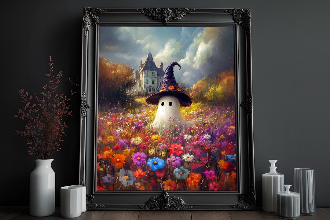 Cute Witch Ghost in Flower Field, Halloween Art Print, Spooky Halloween ...