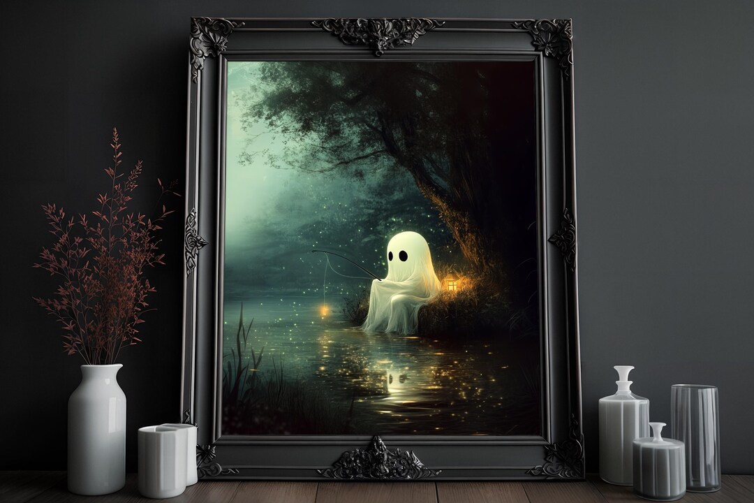 Cute Ghost Fishing Print, Vintage Angler Oil Painting, Cottagecore ...
