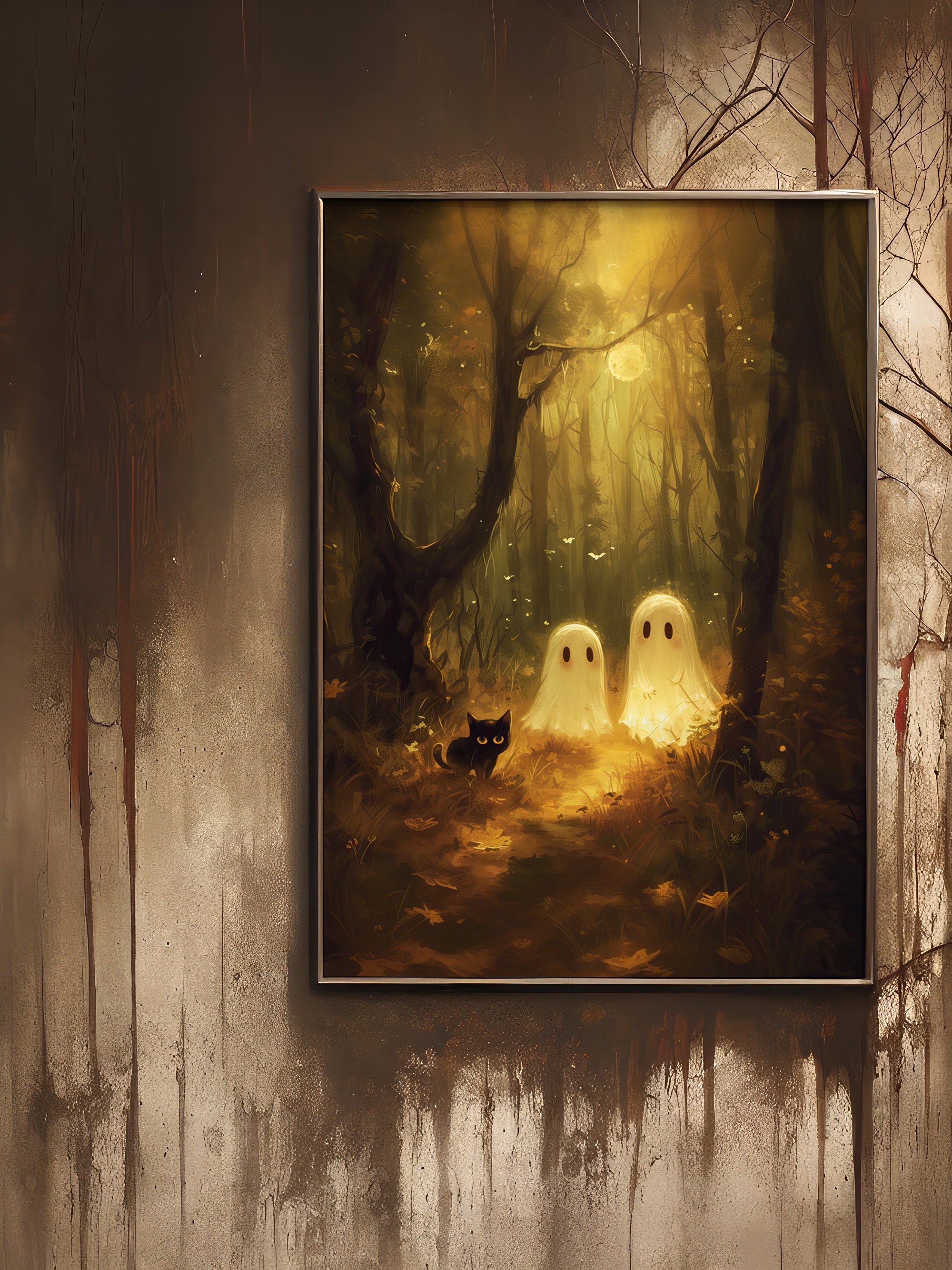 Cute Ghosts With Cat in Forest Vintage Oil Painting Cottagecore Art ...