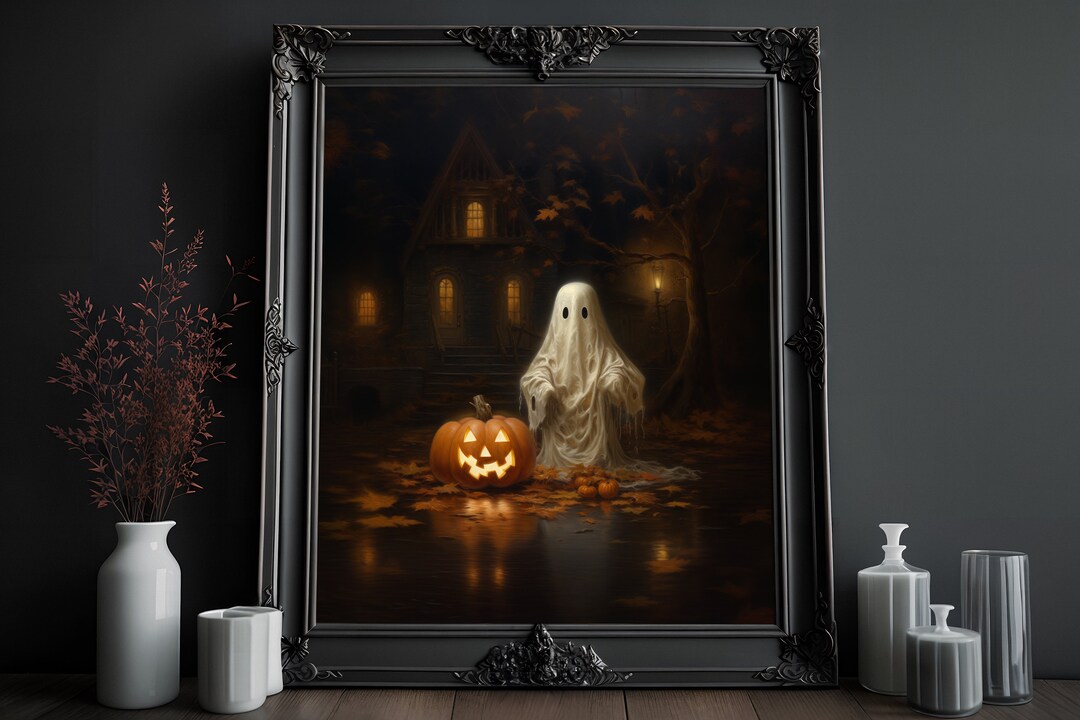 Cute Ghost Art Print, Jack-o-lantern Ghost Art Print, Spooky Vintage ...