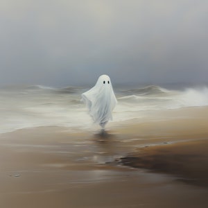 Cute Ghost on Beach | Ghost Print | Vintage Oil Poster | Cottagecore ...