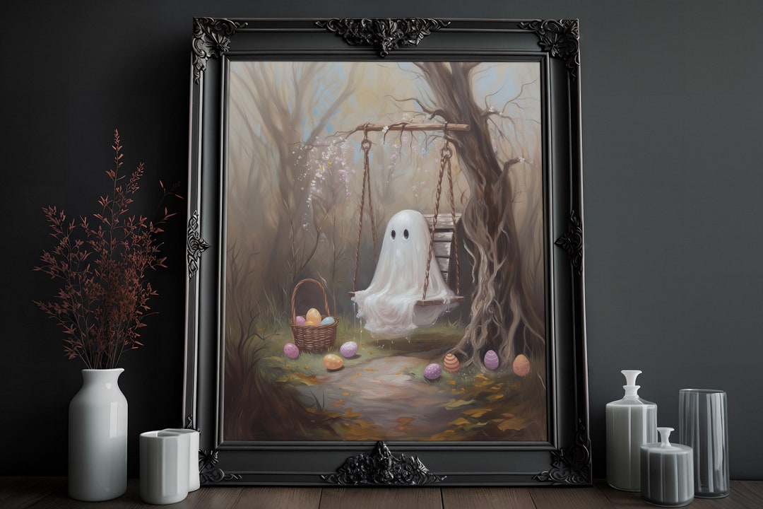 Cute Ghost on Swing Print | Easter Ghost Art | Vintage Oil Painting ...