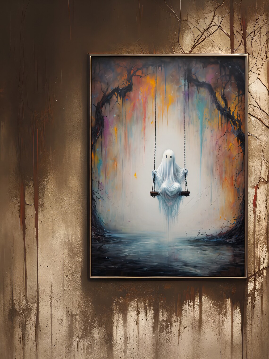 Cute Ghost on Swing Print Gothic Art Vintage Oil Poster - Etsy