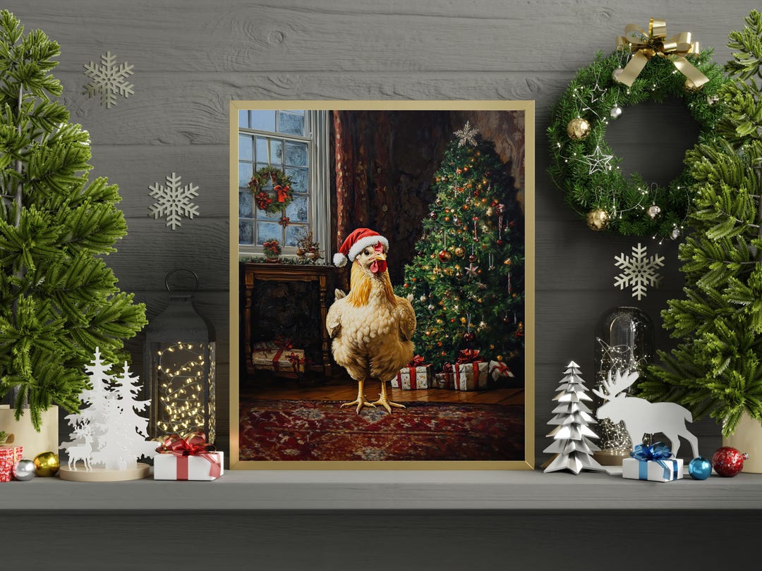 Cute Christmas Chicken Print, Chicken in Front of Christmas Tree ...