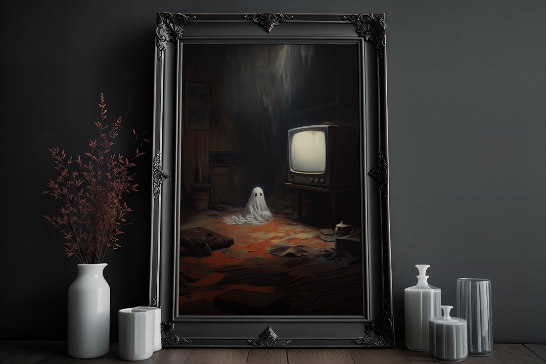 Cute Ghost Watching TV Print | Gothic Art | Vintage Oil Poster ...