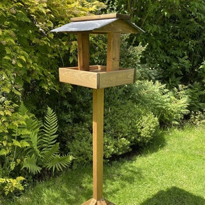 Wooden Bird Table Slate Roof Wild Garden Birds Feeding Station Feeder ...