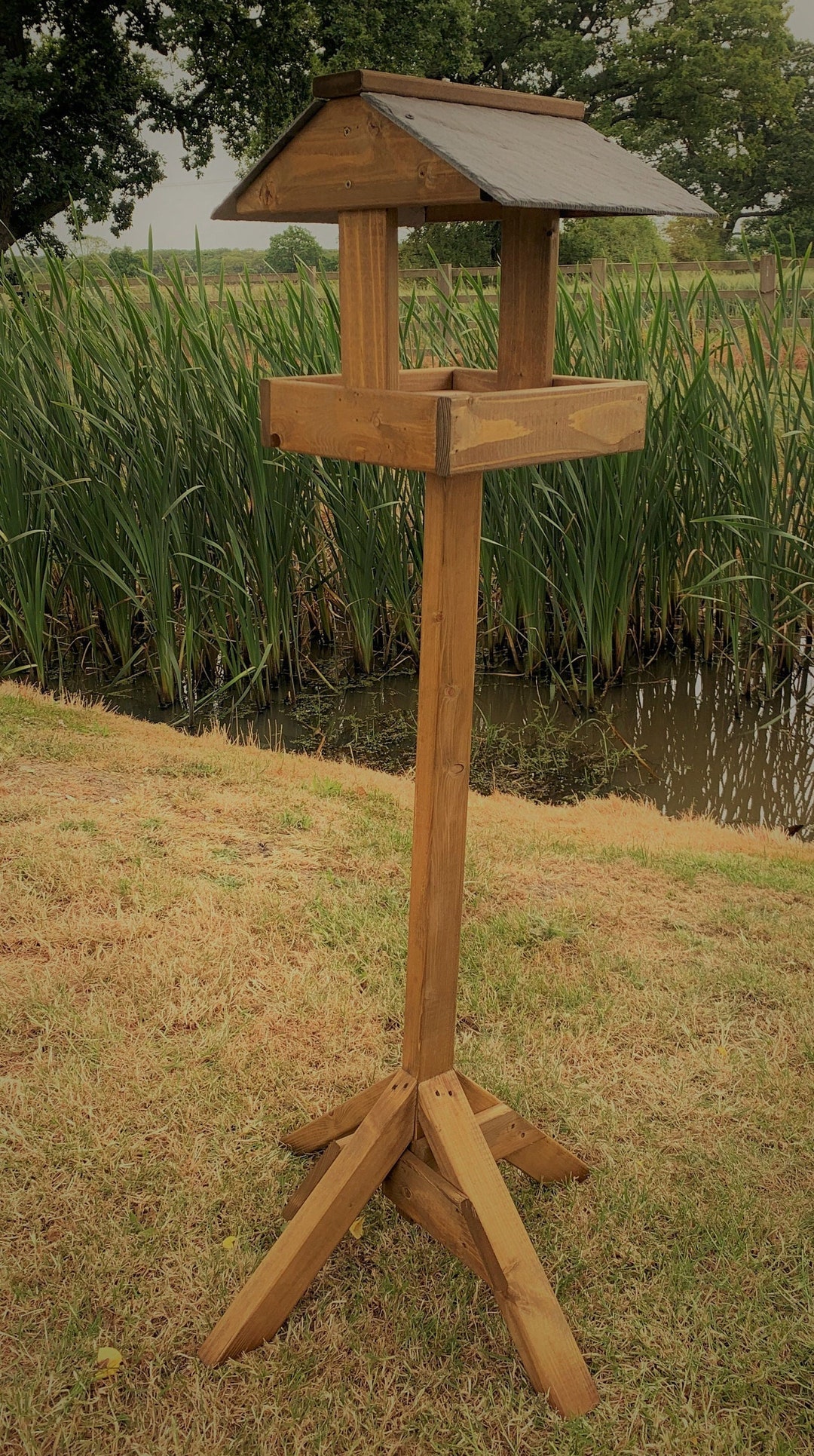 Wooden Bird Table Slate Roof Wild Garden Birds Feeding Station Feeder ...