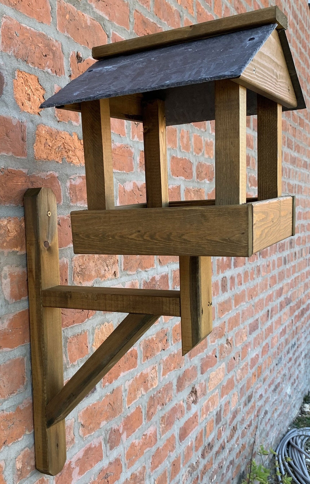Handmade Wooden Bird Table Wall Mounted Bird Feeder Fence Slate Roofed ...