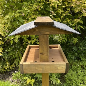 Wooden Bird Table Slate Roof Wild Garden Birds Feeding Station Feeder ...