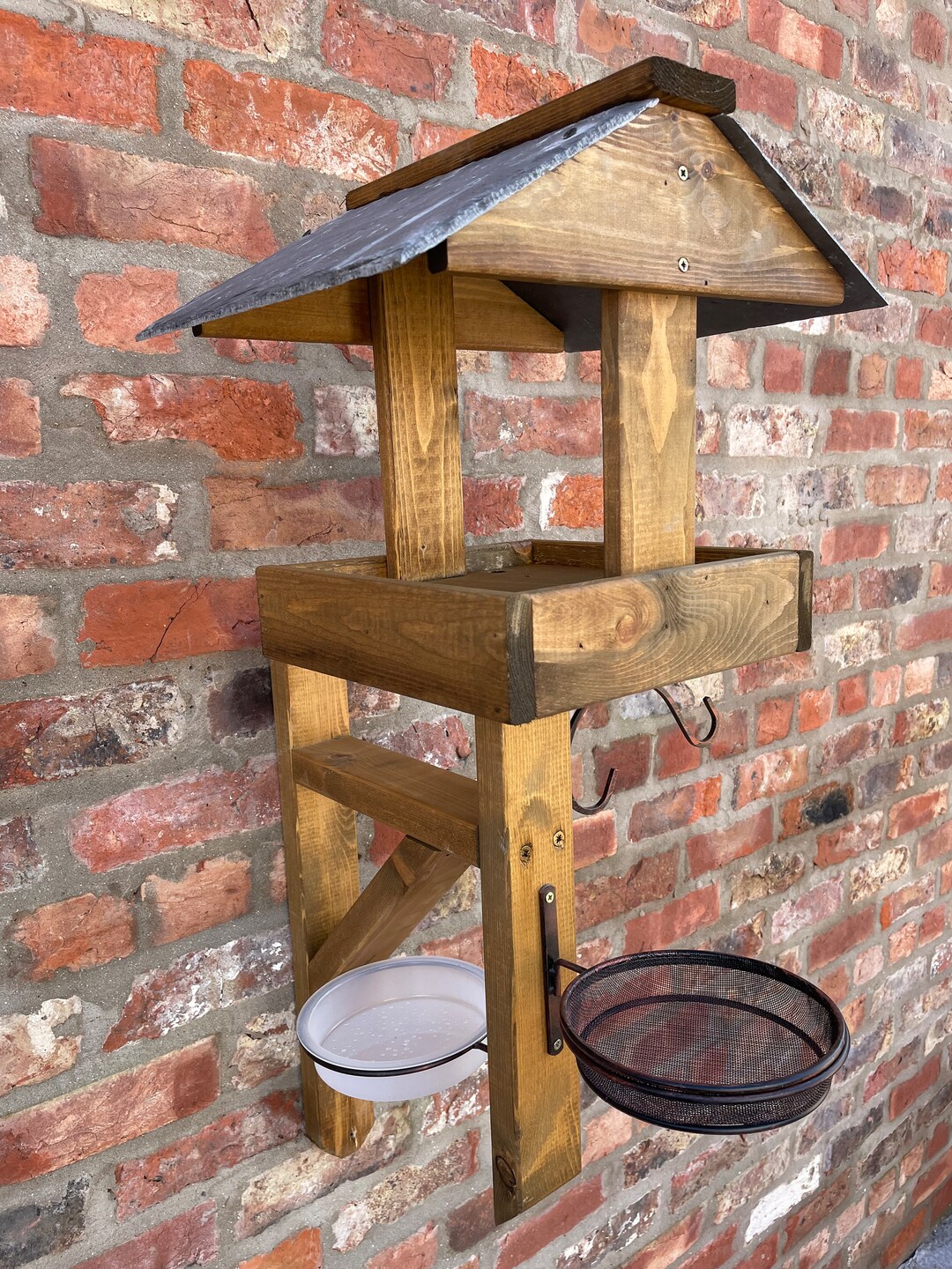 Wooden Wall Mounted Bird Table Bird Feeding Station Fence Slate Roofed ...