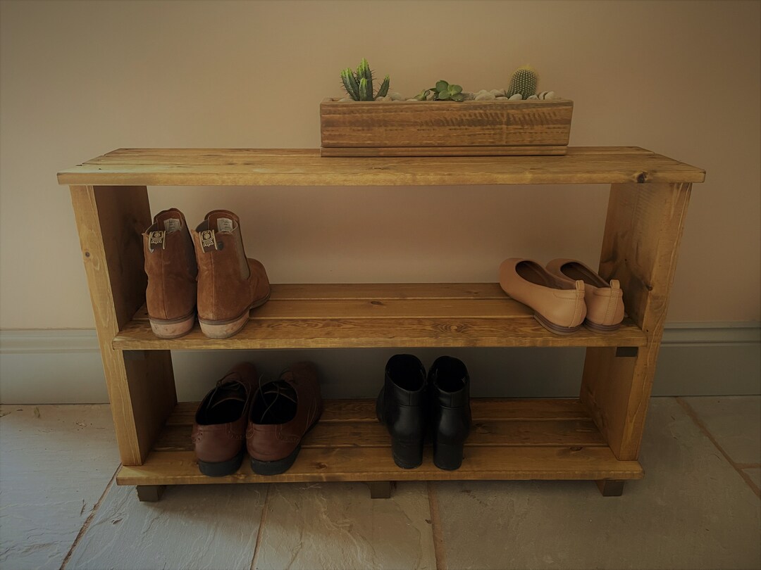 Wooden Boot and Shoe Rack Storage Unit Chunky Rustic Shelves Heavy Duty ...