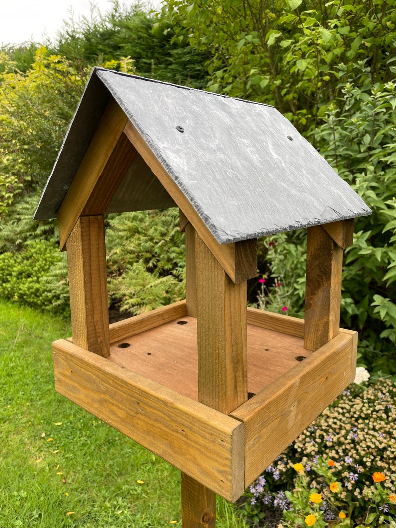 Wooden Bird Table Wild Garden Birds Feeder Free Standing Feeding ...