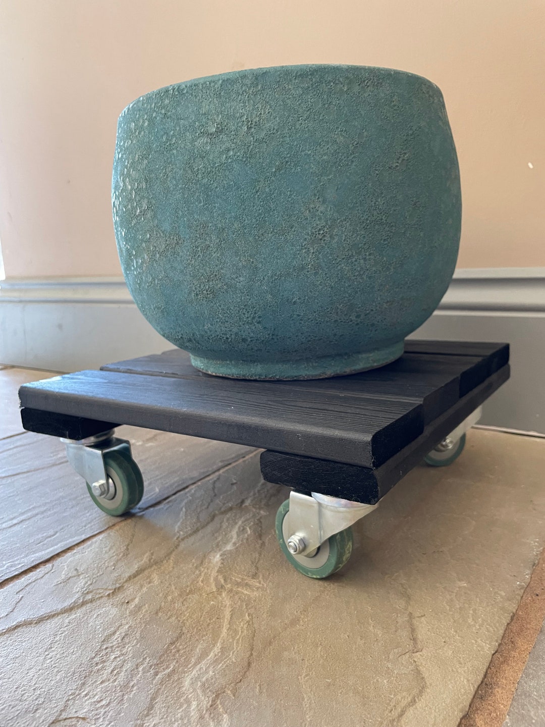 Plant Pot Caddy Wooden Mover Trolley Wheels Garden Planter Stand ...