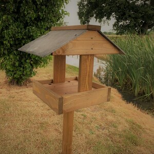 Wooden Bird Table Slate Roof Wild Garden Birds Feeding Station Feeder ...