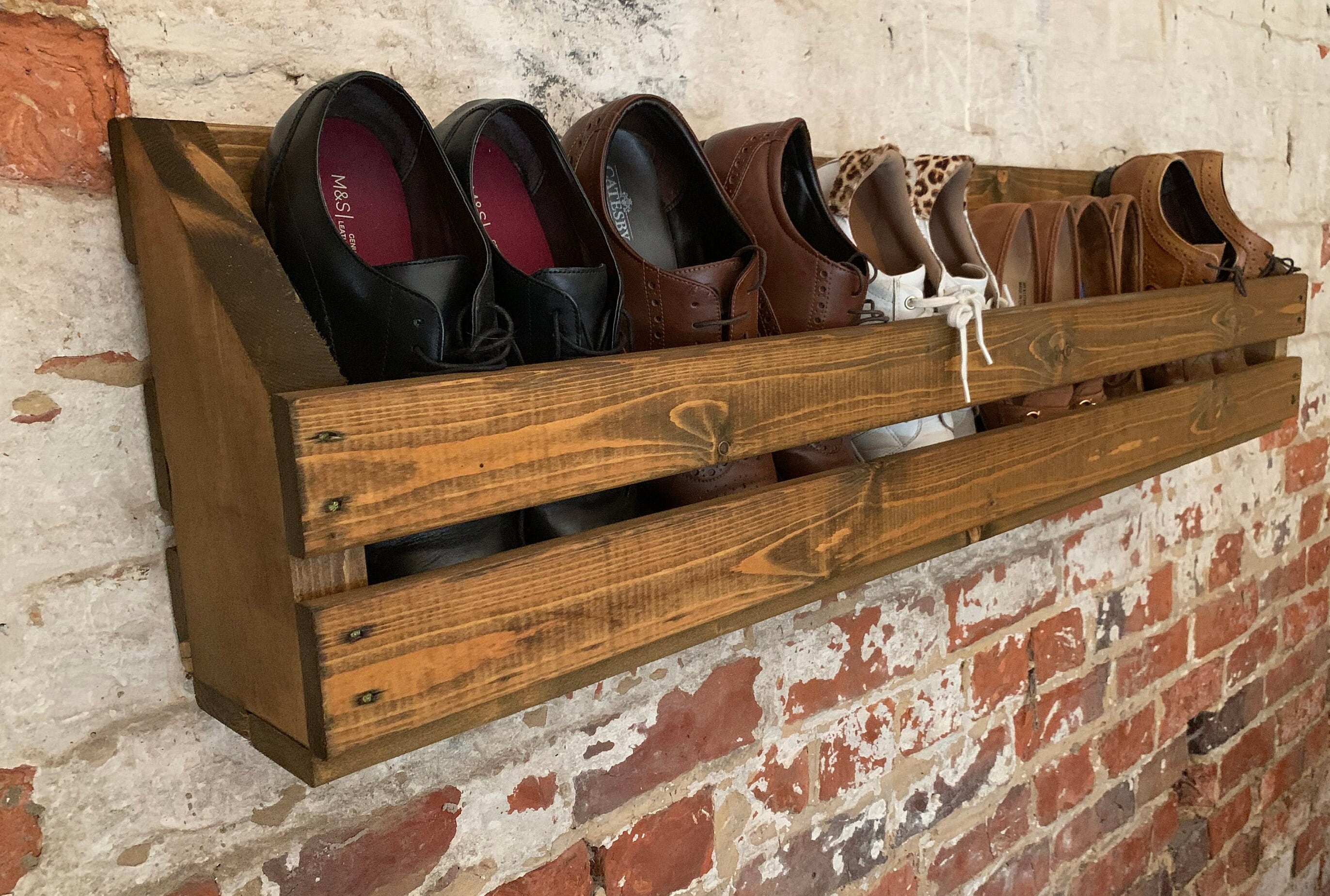 Wall Mounted Wooden Shoe Rack Storage Unit Chunky Rustic Shelves Heavy ...