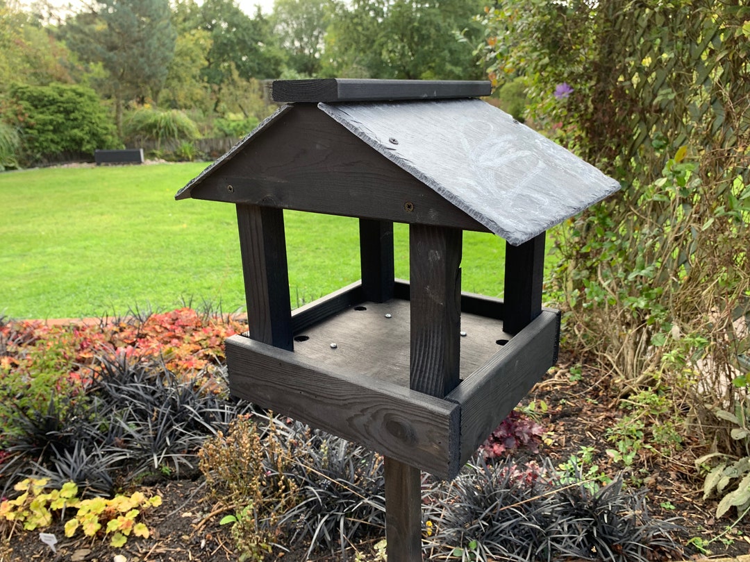 Wooden Bird Table Slate Roof Feeding Station Feeder Wild Garden Black ...