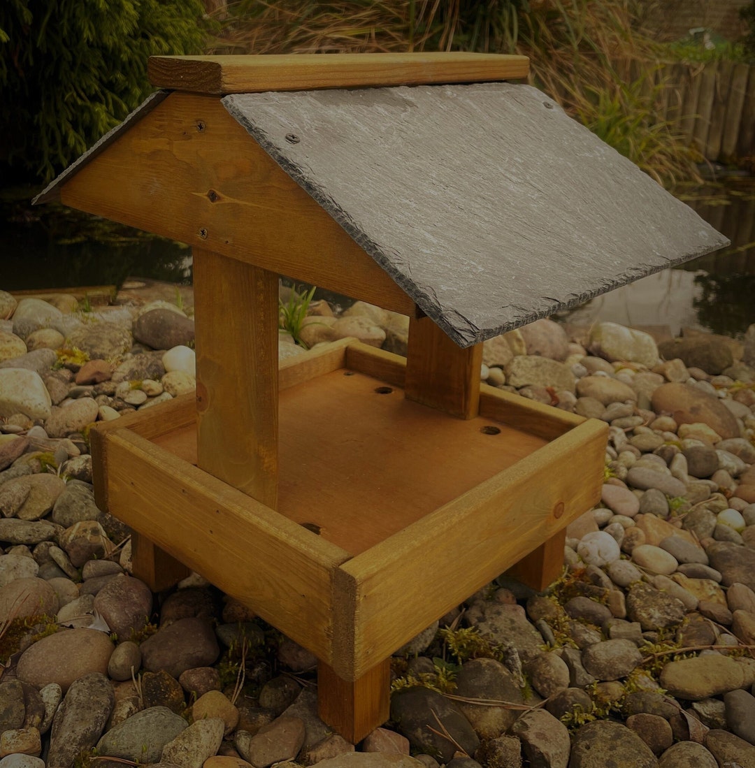 Wooden Ground Wild Garden Bird Table Feeder With Slate Roof Ready-made ...