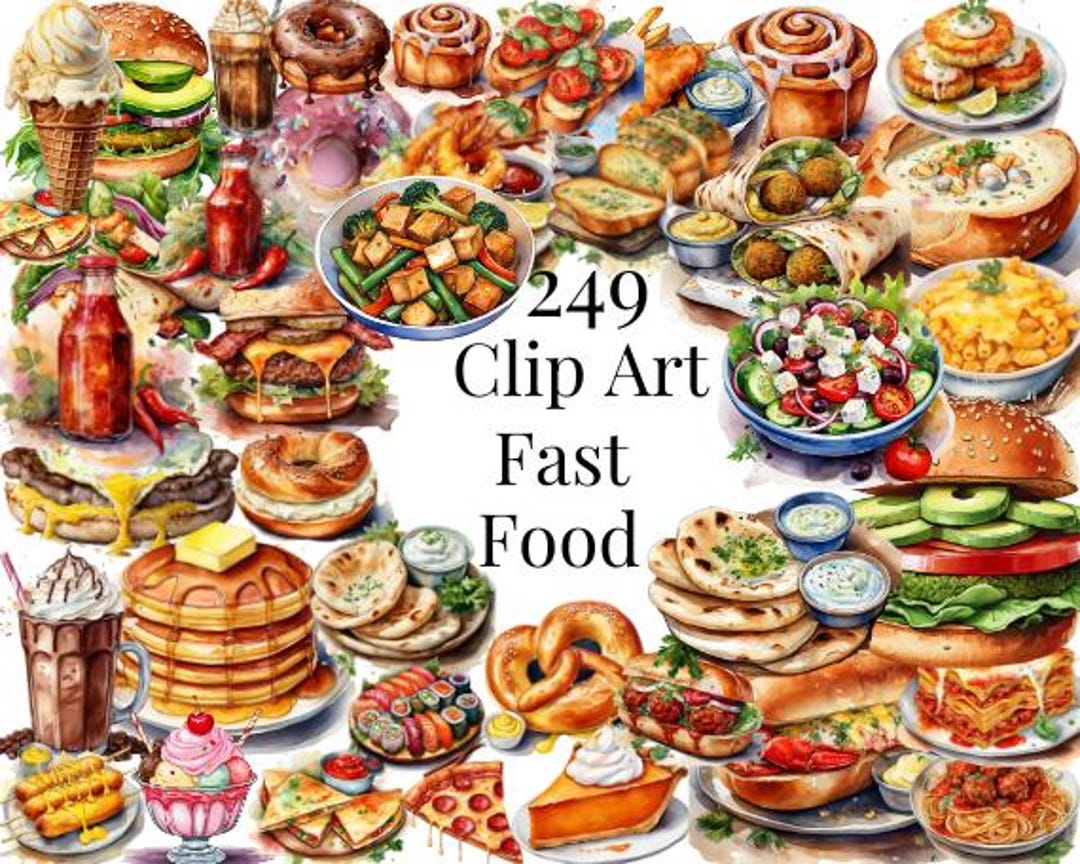 Watercolor Fast Food Clipart Bundle, 249 Png, Transparent Background ...