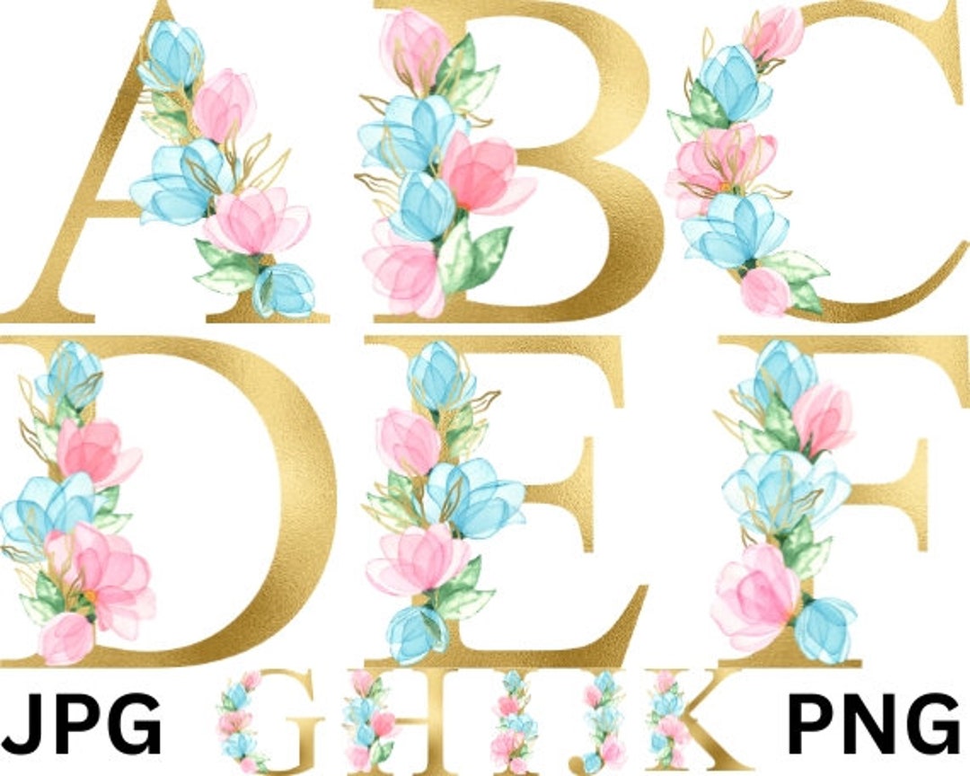 Watercolor Floral Alphabet Pink and Blue Flowers, Alphabet Set Png, Jpg ...