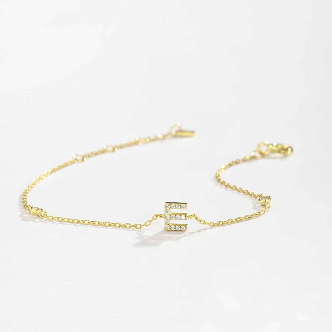 Gold Initial Bracelet Gold Letter Bracelet Plated Gold Bracelet Diamond ...