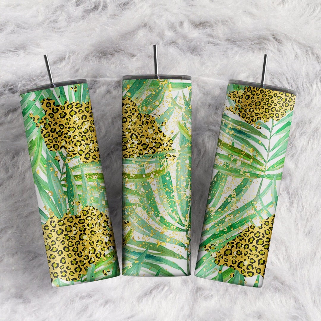 Green Watercolor Tropical Palm Floral Leopard Print Gold Foil ...