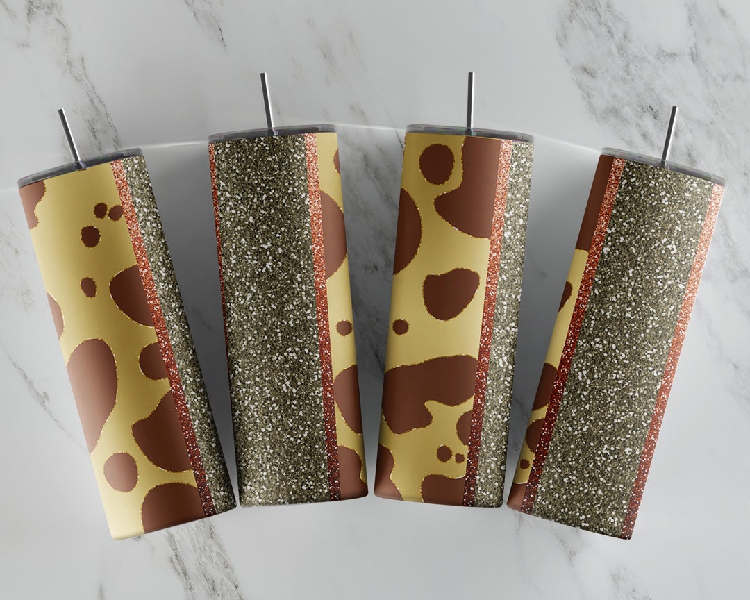 Gold Cow Print Brown Faux Glitter Striped Sublimation Tumbler Design ...