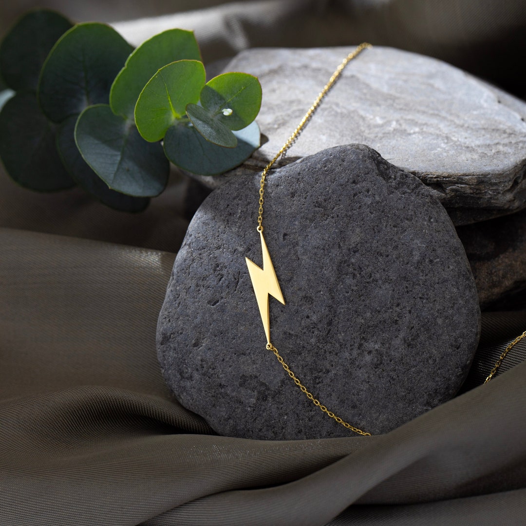 14K Gold Lightning Bolt Necklace, Sideways Lightning Bolt Necklace ...