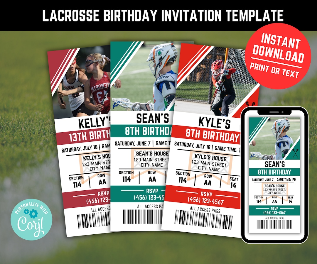 Lacrosse Birthday Invite Template, Sports Ticket Invitation, Lax Themed ...