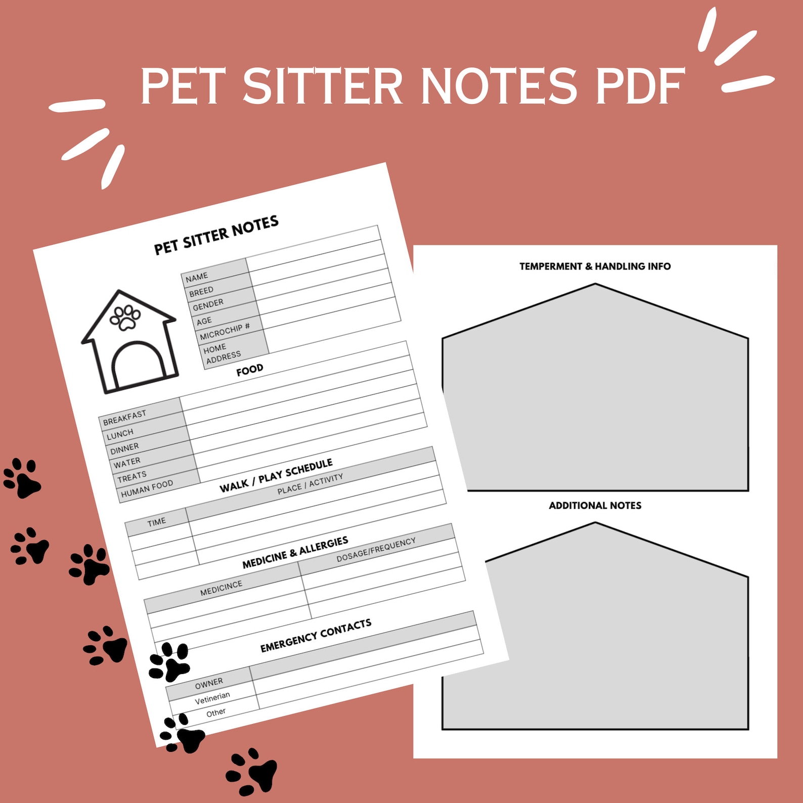 Dog or Cat Sitter Instructions | Printable Pet Sitter Template | Pet ...