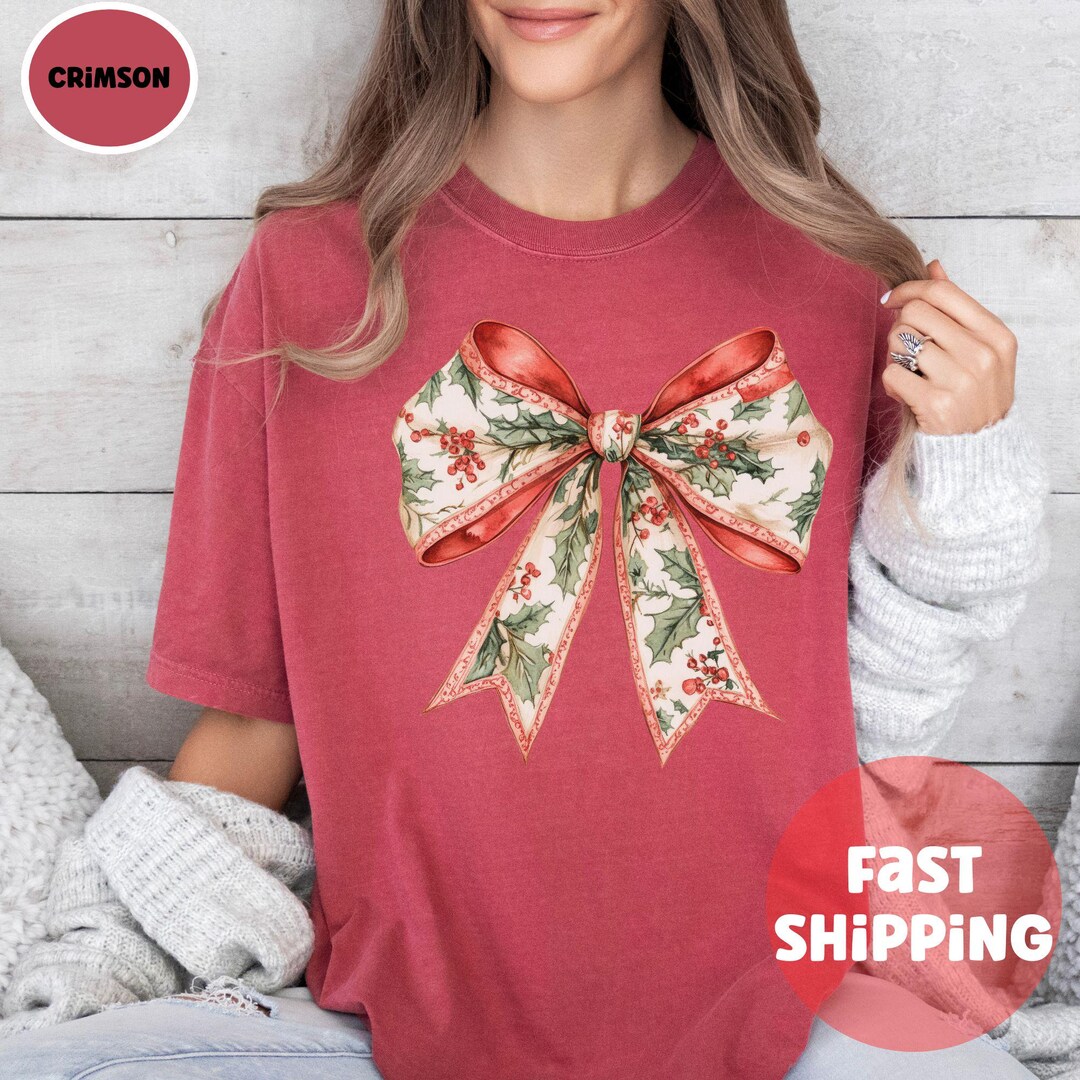 Camiseta navideña con lazo coqueto Comfort Colors, camiseta navideña ...