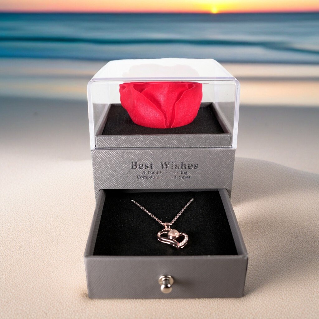 I Love You Heart Necklace in 100 Languages Rose Gold Plated Romantic Gift Presentation Box with Eternal Rose